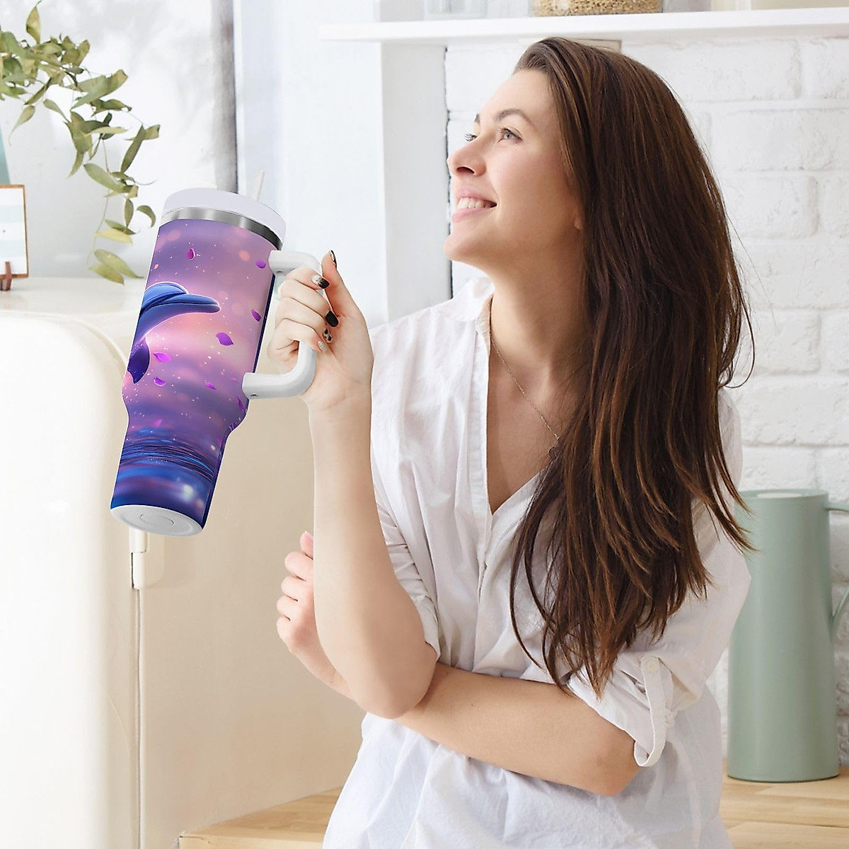 Slewiaeky Skinny Rose Flower 40 oz Tumbler with Handle Straw and Lid Dolphin Stainless Steel Vacuum Insulated Reusable Water Bottle Glasses Travel Mug Thermal Cup for Home Office Car