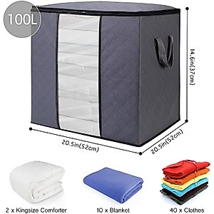 WISELIFE Storage Bags [2 Pack/100L] Large Blanket Clothes Organization and Storage Containers for Comforters,Bedding, Foldable Organizer with Reinforced Handle, Clear Window, Sturdy Zippers,Gray