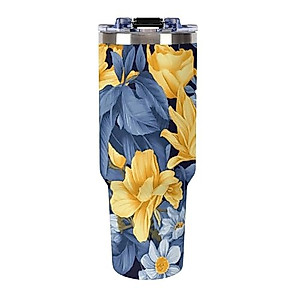 LLUTSNTH 40 Oz Vacuum Tumbler with White Handle Leakproof Insulated Tumbler Blue Base Yellow Floral Stainless Steel Travel Mug with Lid And Straw Coffee Cup Cute Water Bottles Cup Holder Friendly