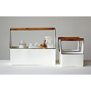 Creative Co-Op Set of 3 White Rectangle Metal Buckets with Wood Handles Caddy Set