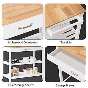 Kitchen Island Carts on Wheels with Storage – Mobile Rolling Cart with Storage Drawer and Shelves, Kitchen Islands Table with Towel Rack, Rubberwood Top, for Kitchen and Dining Room, White