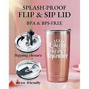 Onebttl Happy Birthday Tumbler for Women, Funny Birthday Gifts for Her, Girlfriend, Friends, Wife, Mom, Daughter, Sister, 20 oz Stainless Steel Cup with Lid, Queens are Born in September, Rose Gold