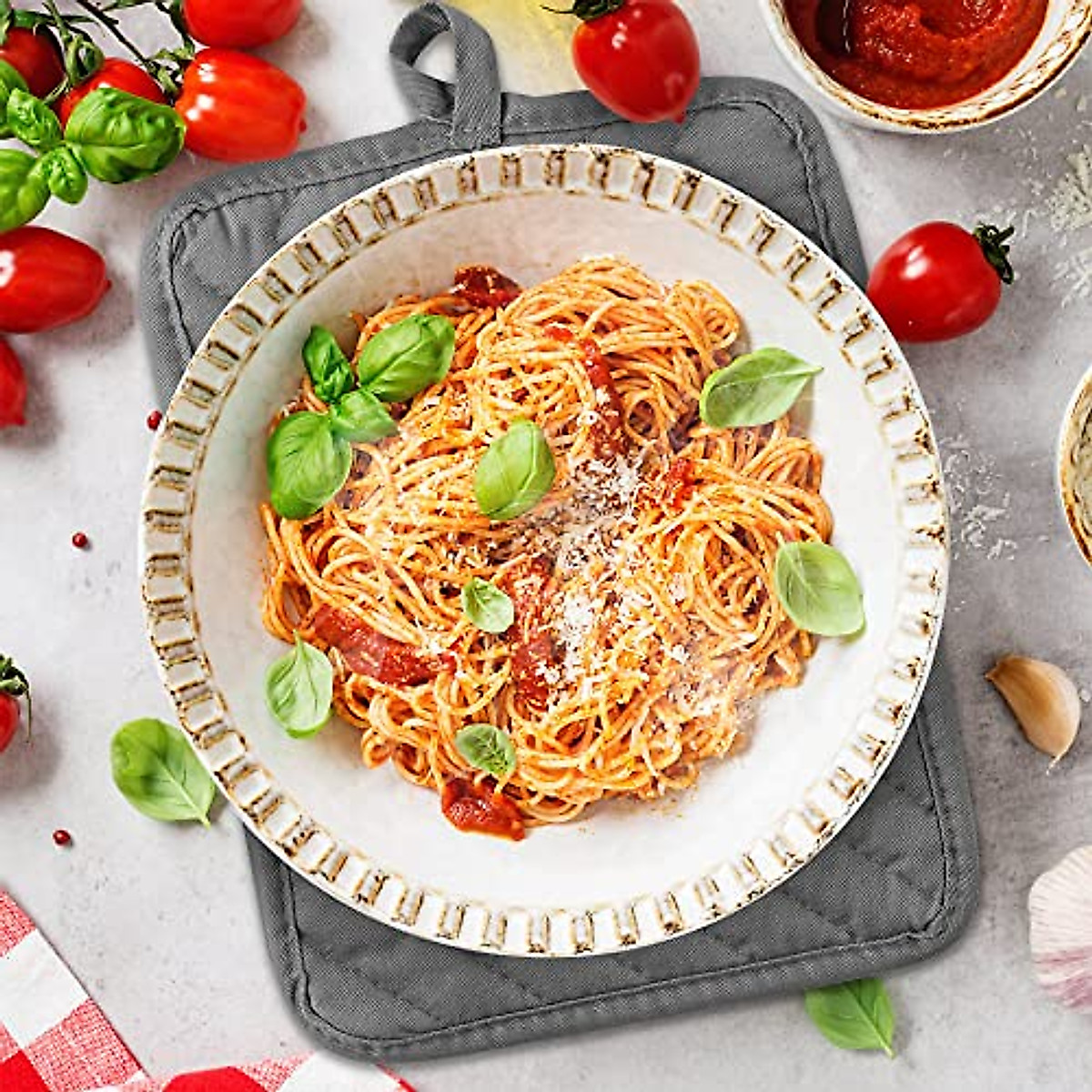 GROBRO7 6Pcs Cotton Oven Mitts and Pot Holders Set Durable Hot Pads Machine Washable BBQ Gloves Heat Resistant Pocket Pot Holder with Hanging Loop for Safe Kitchen Baking Cooking Grilling Grey