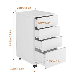 TTVIEW File Cabinet, Mobile Filing Cabinet with Wheels, 4-Drawer Rolling Pedestal Under Desk for A4, Letter Size, File Folders White 12.9x15.3X 25 in
