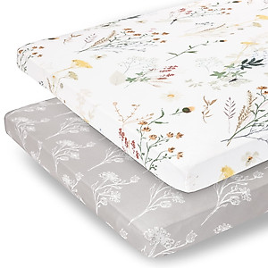 Pobibaby - 2 Pack Premium Pack N Play Sheets Fitted for Standard Pack and Plays and Mini Cribs - Ultra-Soft Jersey Knit, Stylish Floral Pattern, Safe and Snug for Baby (Wildflower)