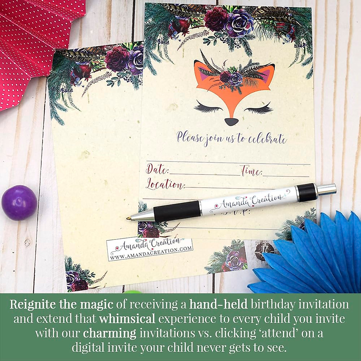 Woodland Forest Fox Face Floral With Greenery Birthday Party Invitations, 20 5x7 Fill In Cards with Twenty White Envelopes by AmandaCreation