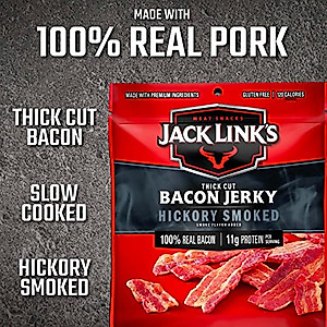 Jack Link's Bacon Jerky, Hickory Smoked, 2.5 oz. Bag - Flavorful Ready to Eat Meat Snack with 11g of Protein, Made with 100% Thick Cut, Real Bacon - Trans Fat Free (Packaging May Vary)