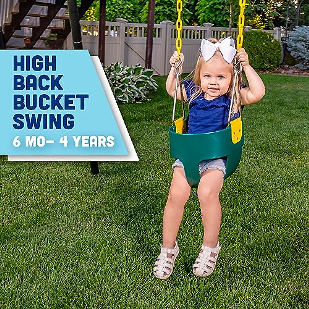 Original High Back Full Bucket Toddler Swing Seat with Plastic Coated Chains and Carabiners for Easy Install - Green - Squirrel Products