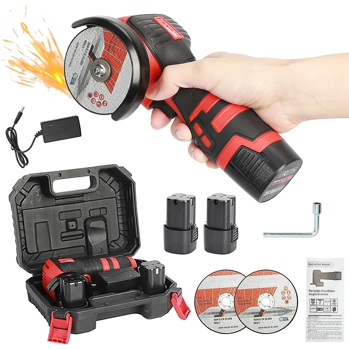 Cordless Angle Grinder 18V 550W, Battery Mini Angle Grinder, Power Angle Grinder Tool, Brushless Angle Grinder Electric Handheld Cutter Machine for Grinding Cutting Polishing with Suitcase (Red)