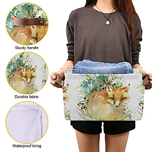 Storage Bins Basket Watercolor Abstract Animal Fox Collapsible Laundry Hamper Organizer Toys Cube Bag with Handles for Home Office Nursery Shelf Closet,1 Pack