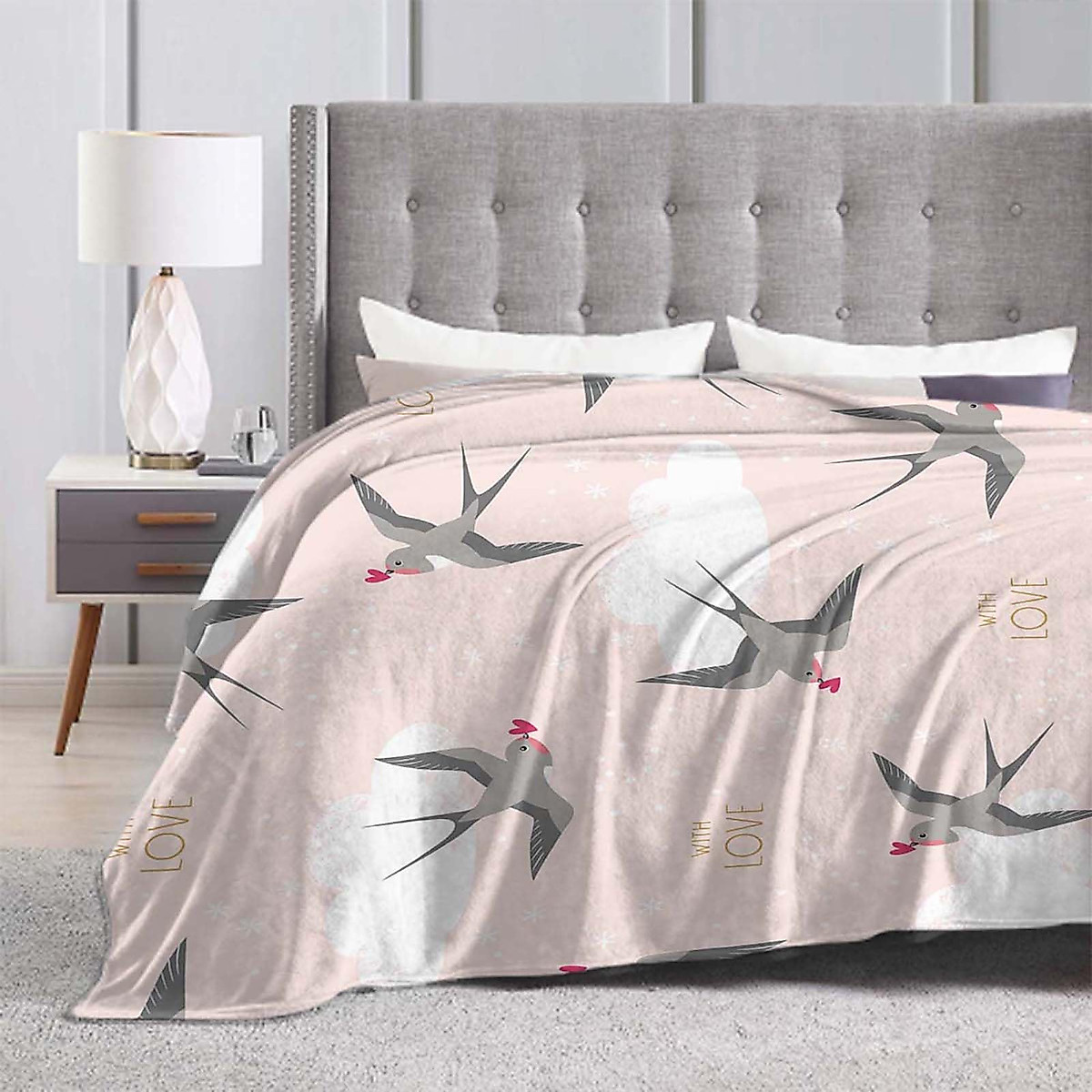 Throw Blanket 40x50 Inch,Flower Sky Bird Heart Flannel Soft Cozy Fluffy Throw Blankets and Warm Throws for Adults in Couch Sofa Bed 50x40 Inch