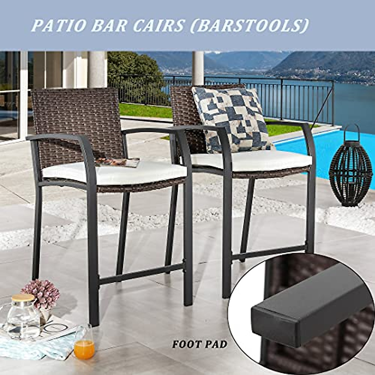 LOKATSE HOME Bar Stools Counter Height Chair Set of 4 Patio Furniture with Armrest for Garden Pool Lawn Backyard, Beige