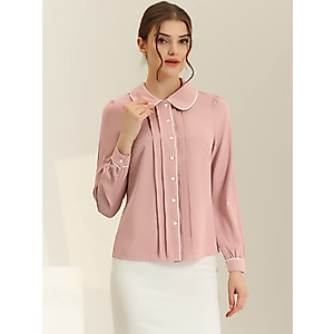 Allegra K Women's Peter Pan Collar Shirt Long Sleeve Elegant Button Down Work Blouse Medium Pink