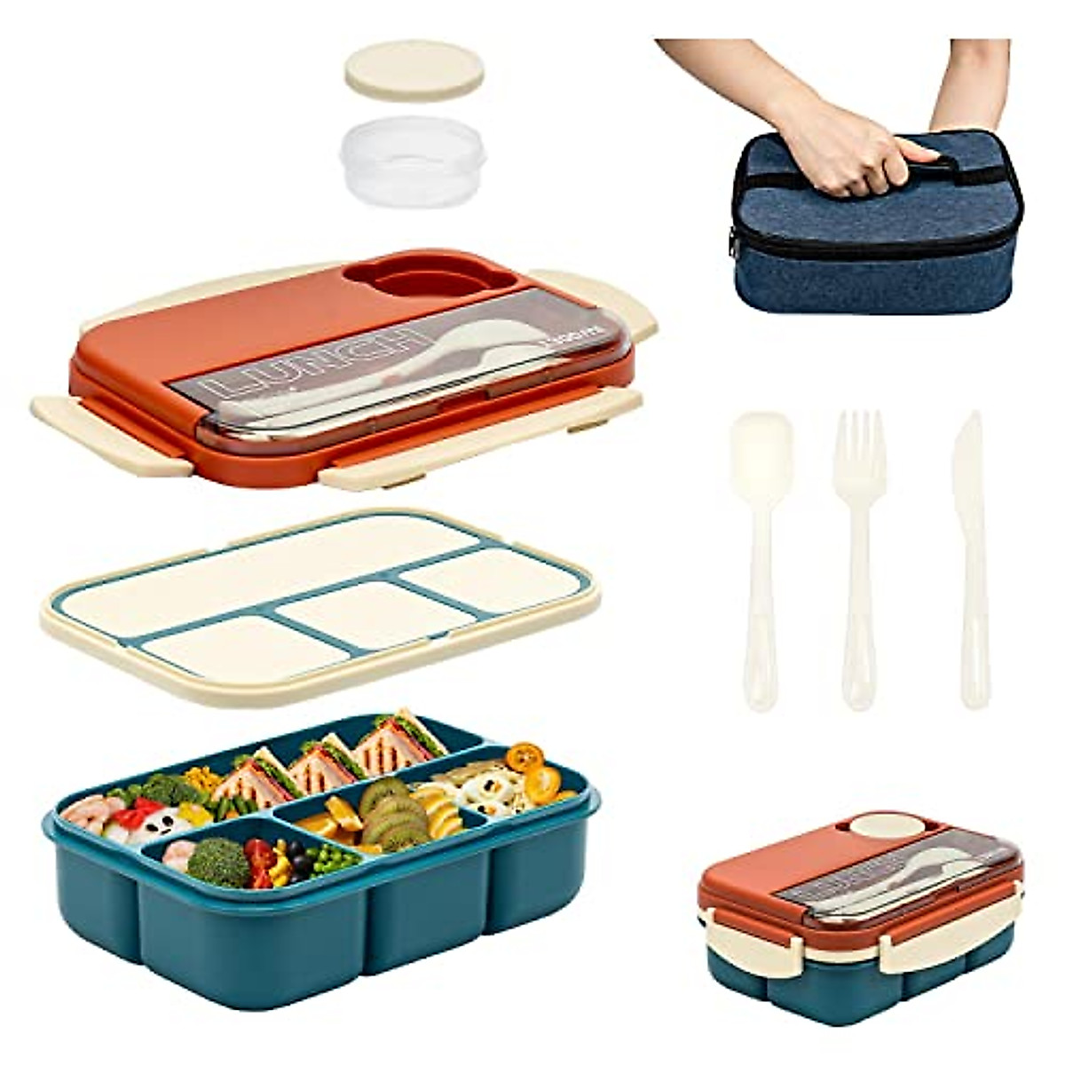 Holee Bento Box Lunch Box with Insulation Bag, Lunch Containers for Adult with Leakproof Divider Utensil Set Multiple Compartments BPA Free