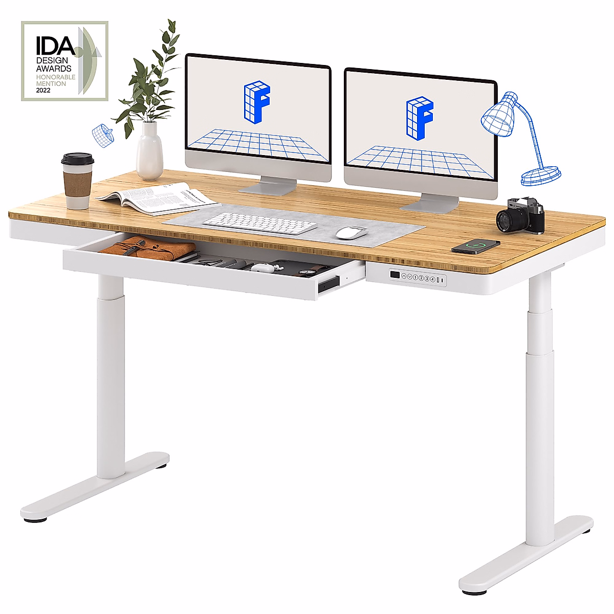 FLEXISPOT Q8 55" Bamboo Desktop w/Wireless Charging, Electric Standing Desk with Drawers, Dual Motor 3 Stages Sit Stand up Desk with Cable Management Tray (White Oval Legs + Bamboo Top, 2 Packages)