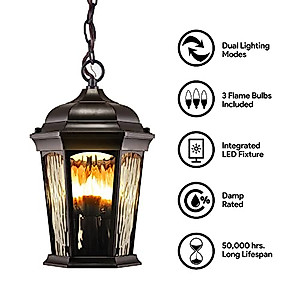 Euri Lighting EHL-130W-MD, Flickering Flame Hanging Lantern, Water Glass, with Integrated Security Light (3000K), Wall Switch Selectable Function, Water Glass, Oil Rubbed Bronze Housing