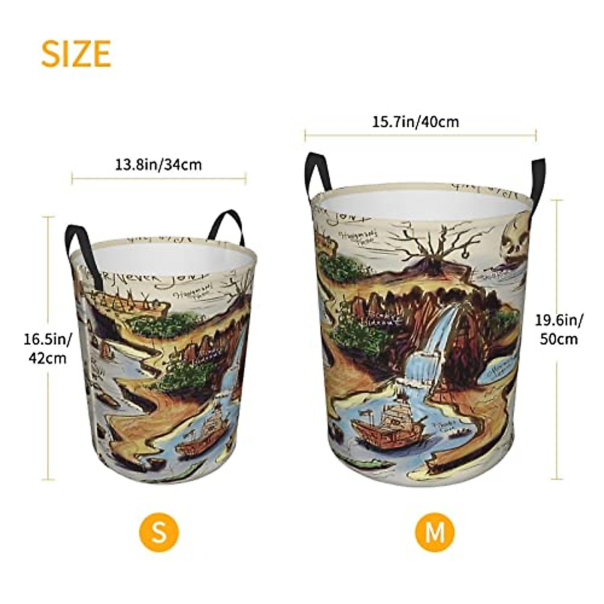 Laundry Basket,Peter Pan Neverland Map,Large Canvas Fabric Lightweight Storage Basket/Toy Organizer/Dirty Clothes Collapsible Waterproof For College Dorms-Large