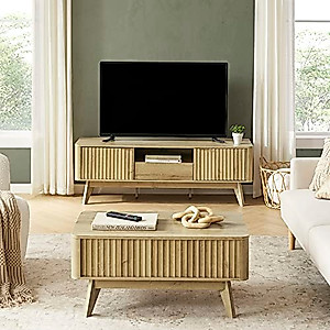 mopio Brooklyn Mid-Century Modern 57" TV Stand with Drawer, for TVs up to 59” Waveform Panel, Sleek Curved Profile with Adjustable Shelf and Sturdy Box Frame Leg (Golden Oak, 57")