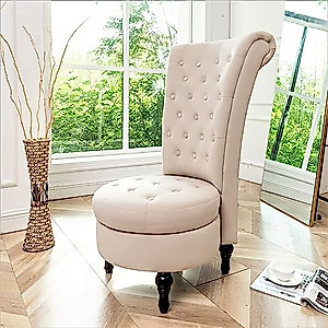 Container Furniture Direct Royal High-Back Velvet Accent Chair for Vanity with Storage and Luxurious Upholstery, Retro Design and Versatile Usage for Living Room, Bedroom, Lounge and Office, Ivory