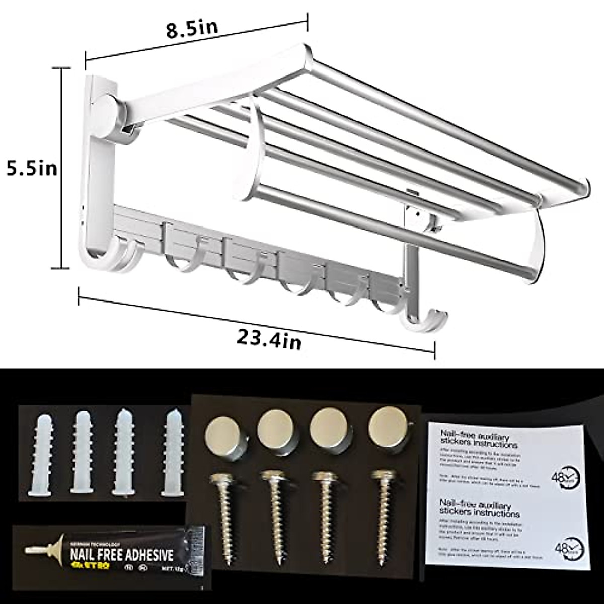 Towel Rack with Towel Bar for Bathroom Wall Mount,Foldable Toalla Holder with Hooks,Hotelier Rustproof Adjustable Bath Towels Shelf,No Drill,24 Inch Polished Silver