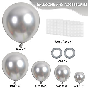 RUBFAC Silver Balloons, 146pcs Different Sizes Pack of 36 18 12 10 5 Inch for Balloon Garland or Balloon Arch as Graduation Wedding Birthday Baby Shower Anniversary Party Decorations