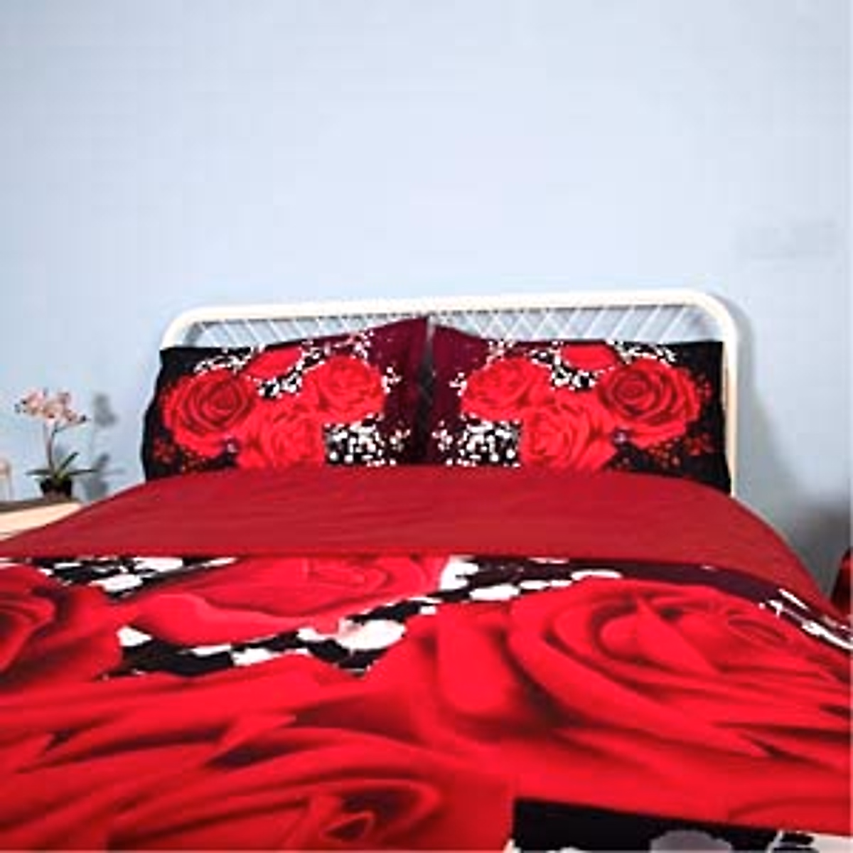 3D Oil Red Rose Bedding Sets 4PC,(1PC Duvet Cover,1PC Bed Sheet,2PC Pillowcase),100% Cotton King Queen Size Red Rose Duvet Cover Sets,Queen/Full Size