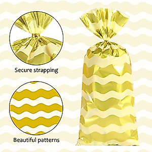 GITMIWS 120pcs Cellophane Bags, Gold Candy Cookie Favor Bags, Plastic Gift Bags with Twist Ties for Birthday Wedding Favors Party Supply Bags (4 Pattern)