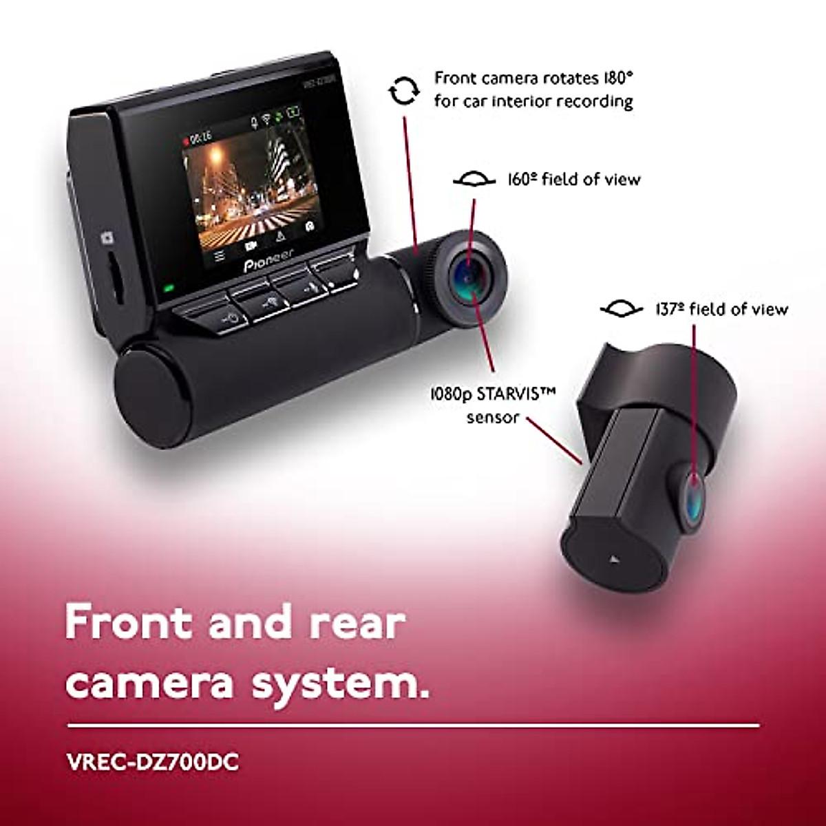 Pioneer VREC-DZ700DC 2-Channel Dual Recording 1080p HD Dash Camera System with WiFi and 2" LCD Screen