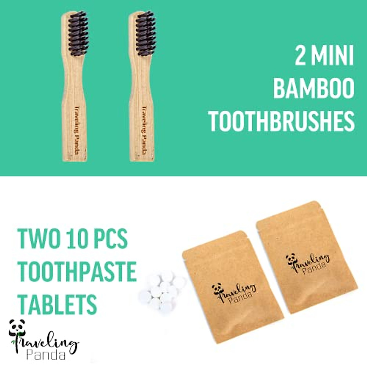 Traveling Panda Mini Travel Bamboo Toothbrush Kit with 2 Soft Bristle Toothbrushes and Mint Toothpaste Tablets, 2X 10 Tabs