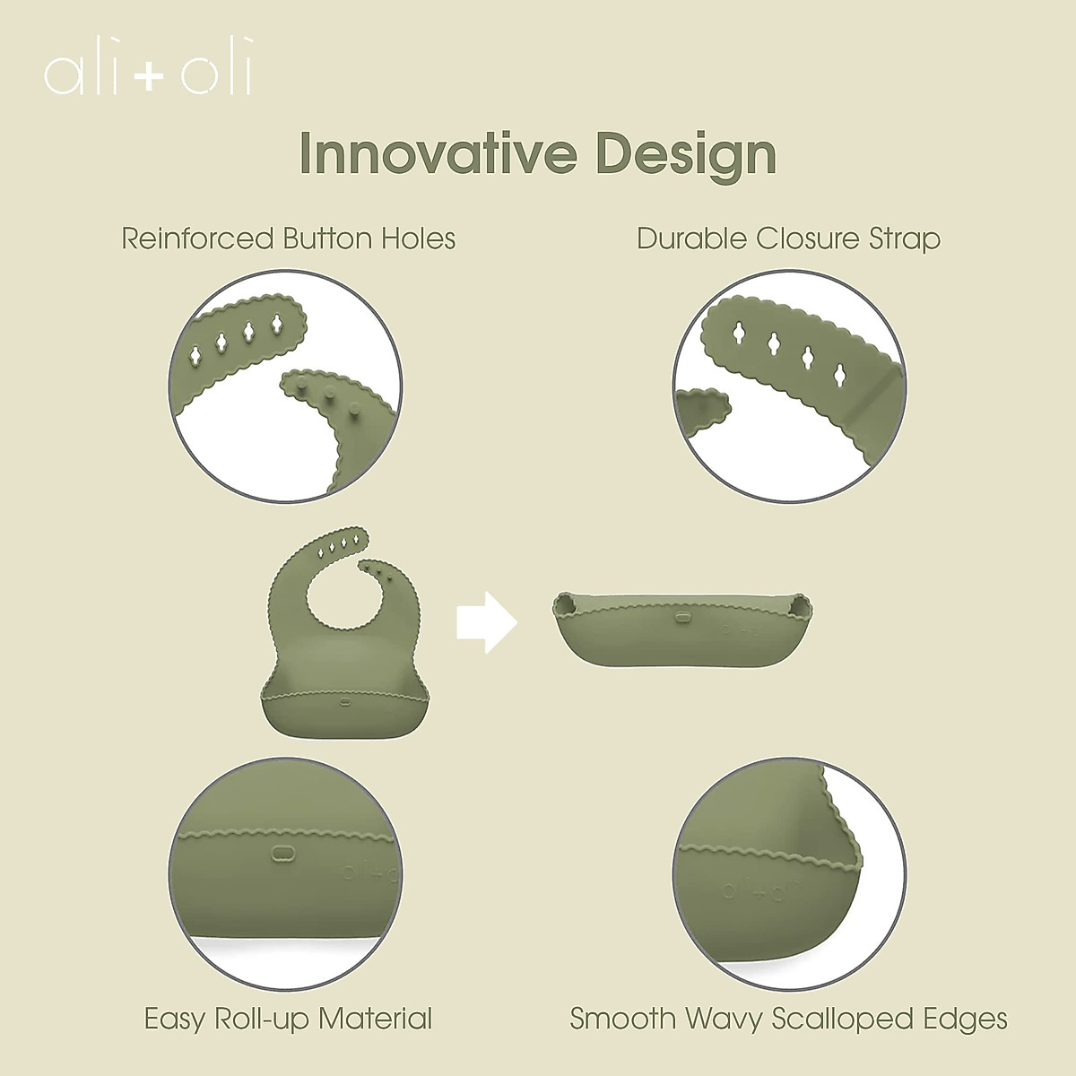 Ali+Oli Silicone Bib (Wavy, Lilac) Waterproof Silicone Bibs for Babies & Toddlers, Adjustable Baby Feeding Bib, Food-Grade Silicone Bibs with Food Catcher, Silicone Baby Feeding Bucket Bib