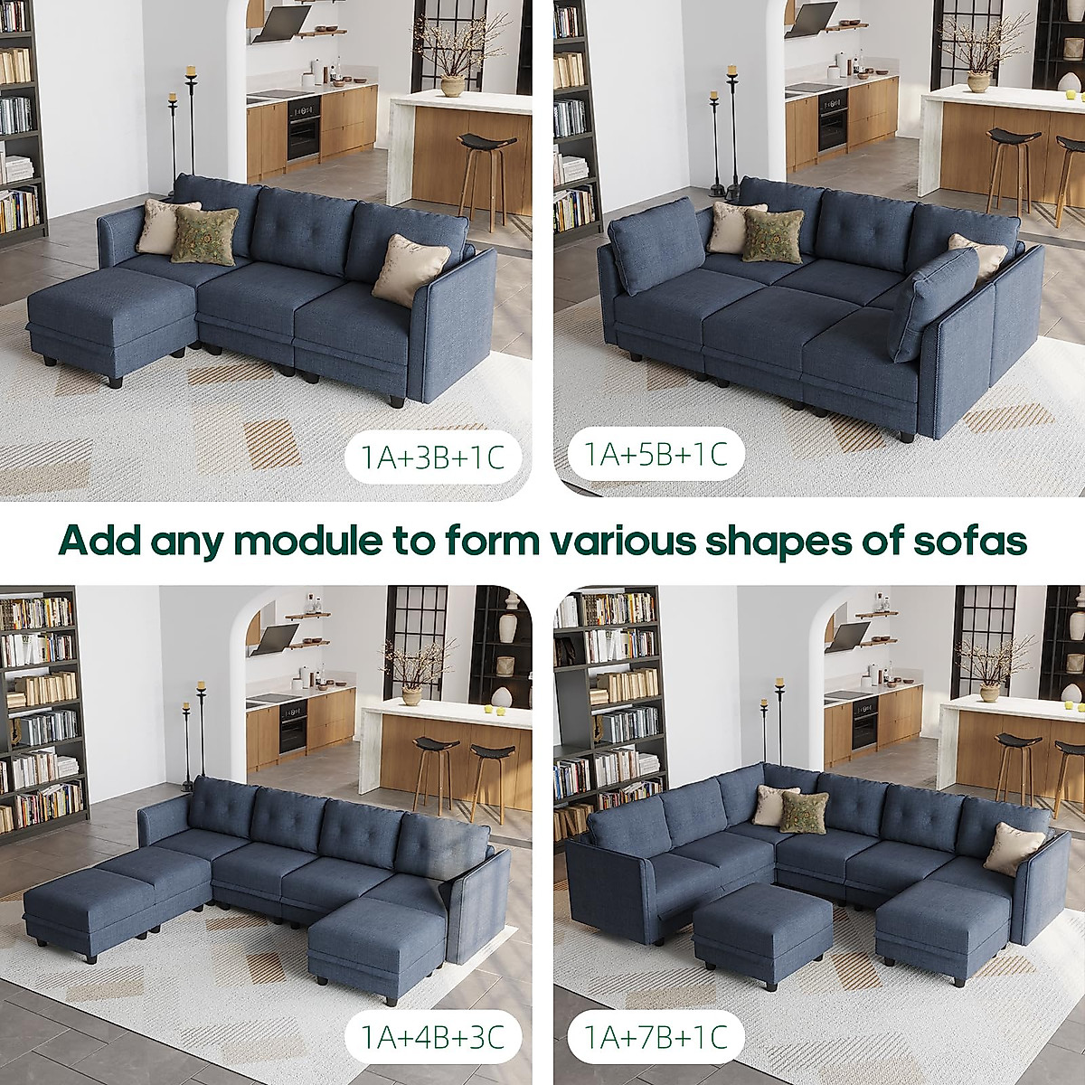 LLappuil Modular Sectional Sofa with Storage Oversized U Shaped Couch with Reversible Chaise Luxury Velvet Sofas for Living Room 9 Seats with 2 Ottomans Denim Blue