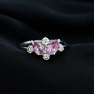 Rosec Jewels 1.5 Cttw Pear Cut Created Pink Sapphire Cluster Promise Ring with Diamond| AAAA Quality, 14K White Gold, Size:US 6.50