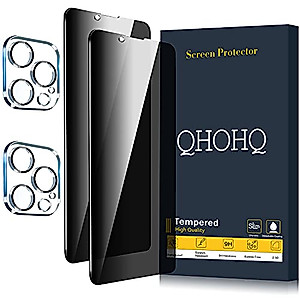 QHOHQ 2 Pack Privacy Screen Protector for iPhone 13 Pro Max 6.7" with 2 Packs Camera Lens Protector, Full Screen Tempered Glass Film,9H Hardness Anti-Scratch, Anti Spy, Easy to install - Case Friendly