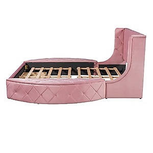 SOFTSEA Queen Size Velvet Platform Bed Frame with Storage, Upholstered Tufted Bed Frame with Wingback Headboard, 1 Big Drawer and 2 Side Storage Stool, Easy Assembly, Pink