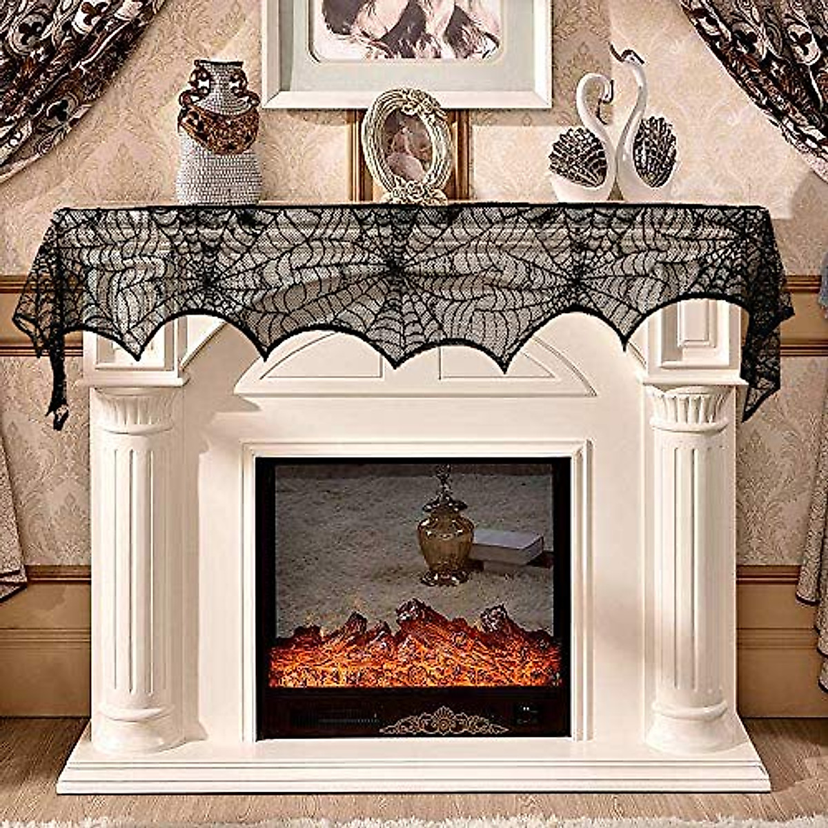 3AB Halloween Fireplace Decoration, Black Lace Spiderweb Fireplace Mantle Scarf, 18 x 96 inch Cobweb Fireplace Scarf for Halloween Party Decorations