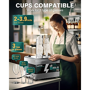 WantJoin Wine Glass Polisher Machine - 2 Brushes 250 Cups/Hour Commercial Electric Automatic Dryer with 304 Stainless Steel, 100% Cotton, 1150W High Power, 140°F Air Drying for Bar Restaurant Kitchen