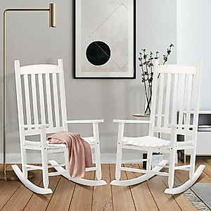 Yewuli Outdoor Patio Wooden Rocking Chairs Set of 2 Clearance,Porch Rockers Chair Outdoor with High Back and Handrail,Outside White Big and Tall Rocking Chairs Indoor for Porch,243LBS,White