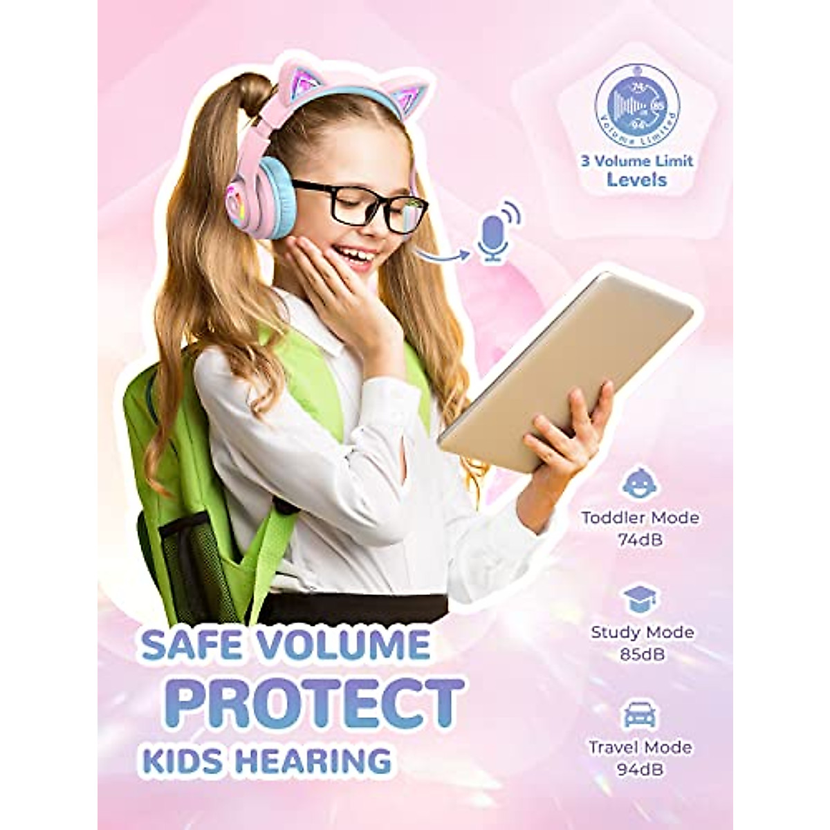iClever Cat Ear Kids Bluetooth Headphones,LED Light Up On Ear Kids Wireless Headphones with Mic,74/85/94dB Volume Limited,50H Playtime,Bluetooth 5.2,Pink Headphones for iPad/Tablet/PC/Travel,BTH13