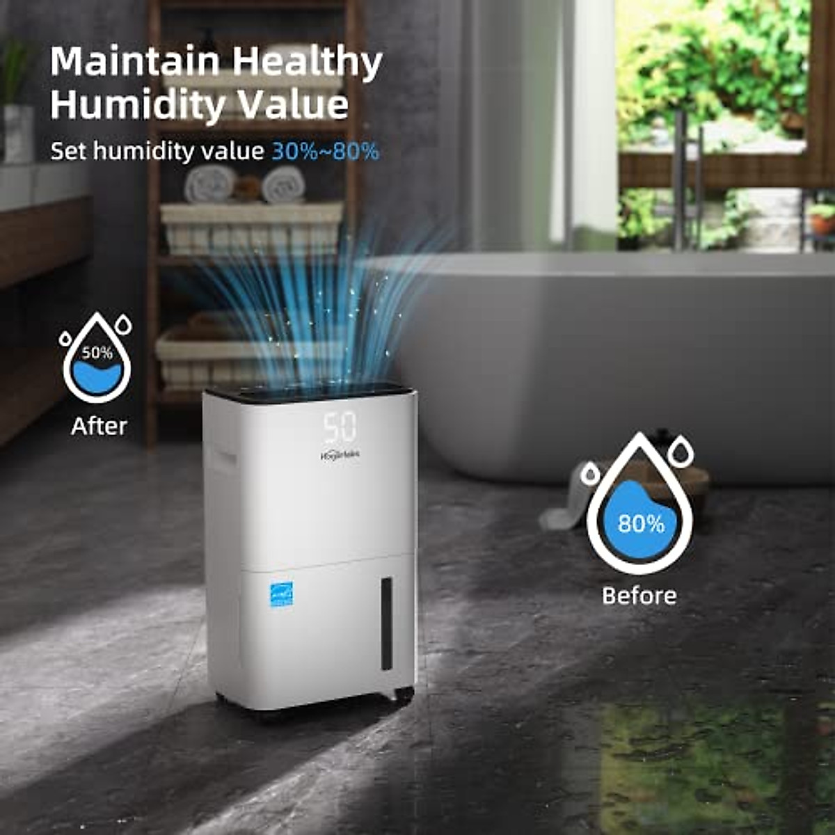 HOGARLABS 3500 Sq. Ft 50 Pint Energy Star Dehumidifier for Home Basements Bedroom Bathroom | Dehumidifiers with Drain Hose for Medium to Large Room | Intelligent Humidity Control | Quiet & Energy Efficient