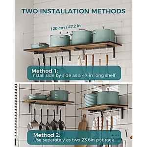 OROPY 2 Pack Wooden 23.6'' Pot Pan Hanging Rack Wall Mounted with 10 S Hooks, Set of 2 Large Pot Wall Holder Kitchen Shelves for Utensils, Cookware