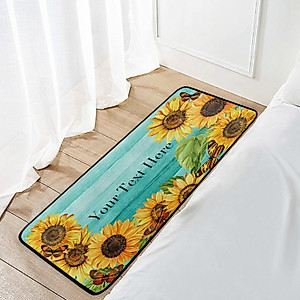 Custom Personalized Kitchen Rugs Teal Sunflowers Butterfly Doormat Floor Mats Kitchen Mat Non Slip Bath Rug Carpet for Entryway Living Room Bedroom Home Decor 39 X 20 Inch