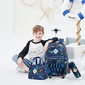 Meetbelify Rolling Backpack for Boys with Wheels Kids Travel Suitcase Laptop Luggage with Lunch Box Set for Boys Age 6-8