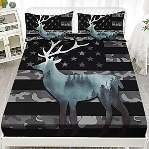 Axolotl American Flag Sheet Set Queen,Deer Hunting Camo Bedding,Hunter Bedding Set American Flag Fitted Sheet,Deer Fitted Sheet Set for Boys Teens Kids Man,1 Flat Sheet 1 Fitted Sheet 2 Pillow Cases