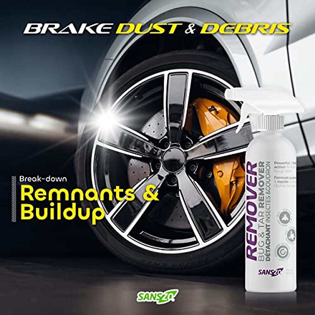 SansZo Bug and Tar Remover - Powerful and Fast-Acting All Purpose Exterior Cleaner & Degreaser - Streak Free Car Detailing Without Scratching, with Microfiber Cloth, 24 OZ