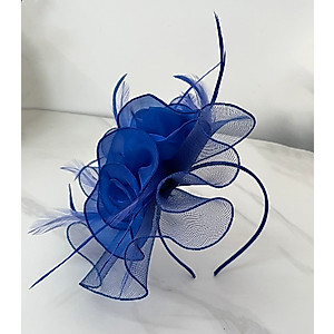 Women Fascinators Organza Fascinators 20S Party Hat Wedding Tea Party Fascinator Pillbox Hat with Headband Hairclip Royal Blue