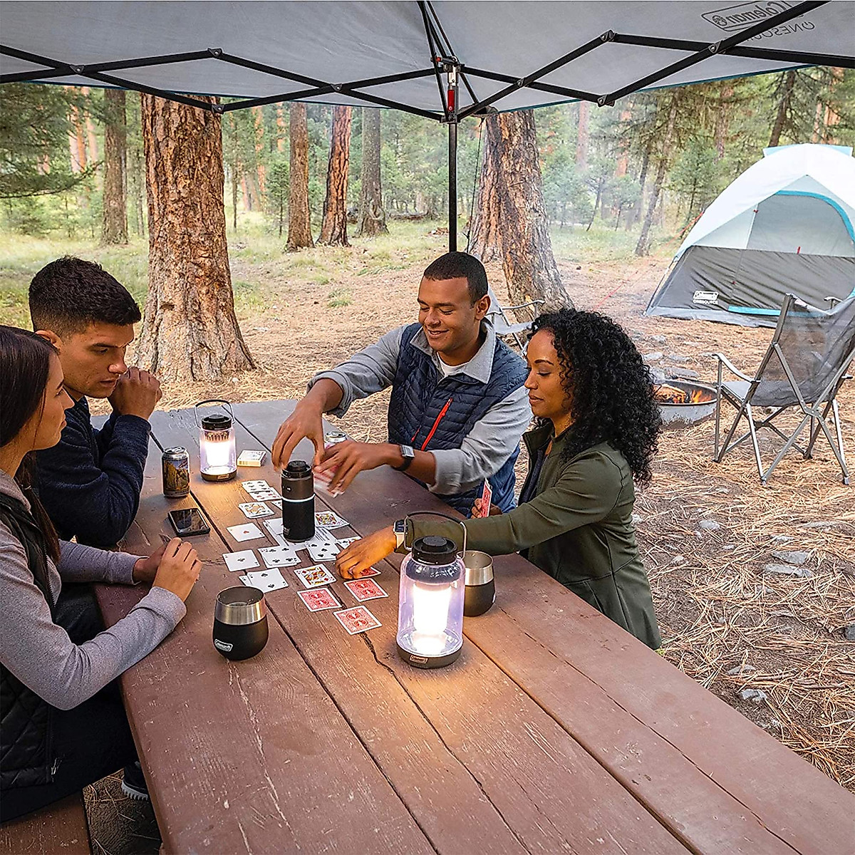 Coleman OneSource 600 Lumens Water Resistant LED Outdoor Camping Lantern w/Rechargeable Battery, USB Port for Devices, & Internal Flashlight (2 Pack)