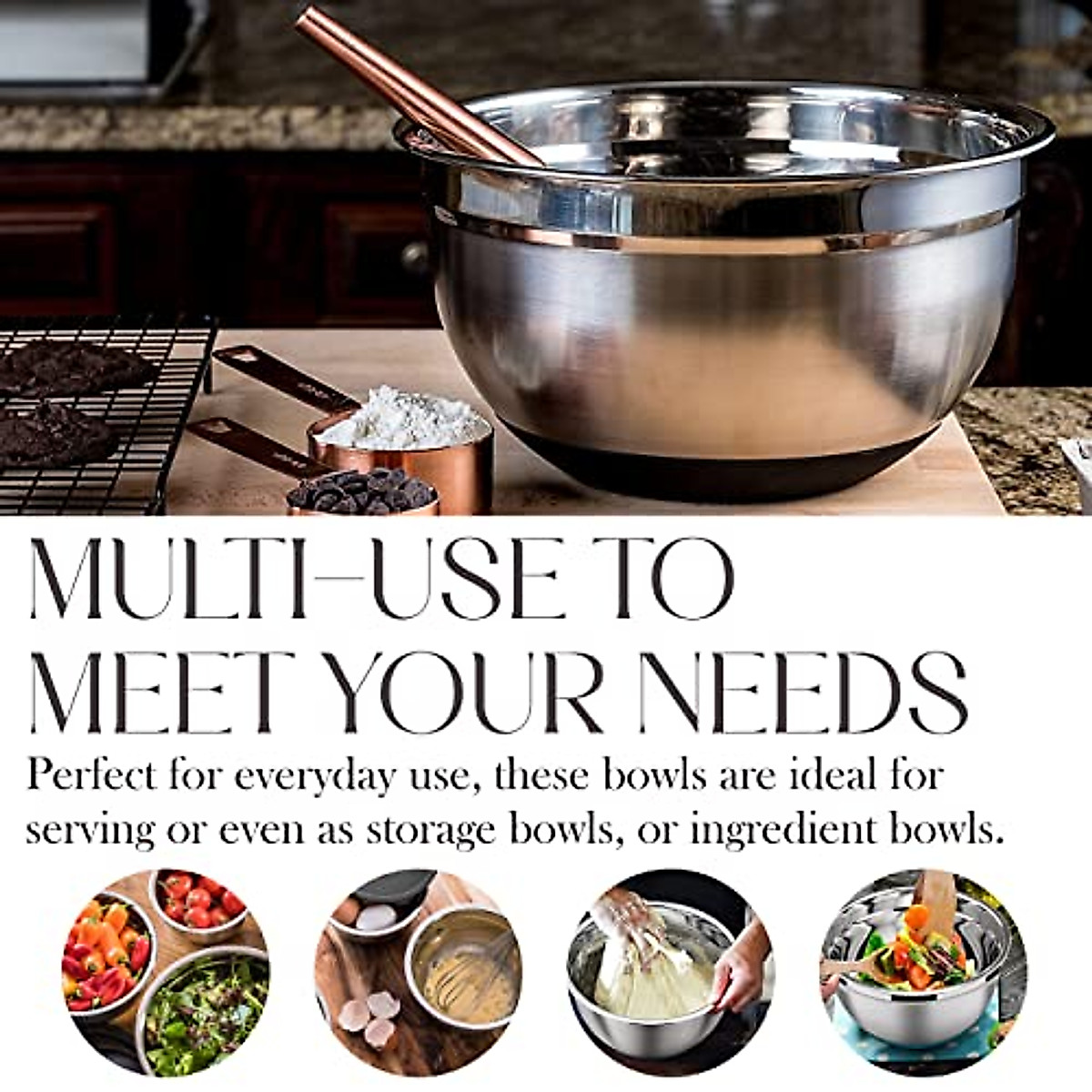 Bellemain Stainless Steel Non-Slip Mixing Bowls with Lids (3 Piece, Silver/Black)