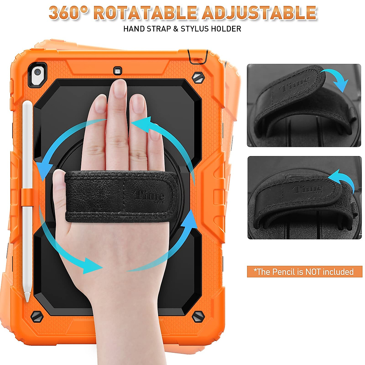 Timecity Case for iPad 9th/ 8th/ 7th Generation 10.2 inch - Heavy Duty Protective Cover with Screen Protector, Rotating Stand, Shoulder Strap & Pencil Holder | Kids-Friendly (Orange)