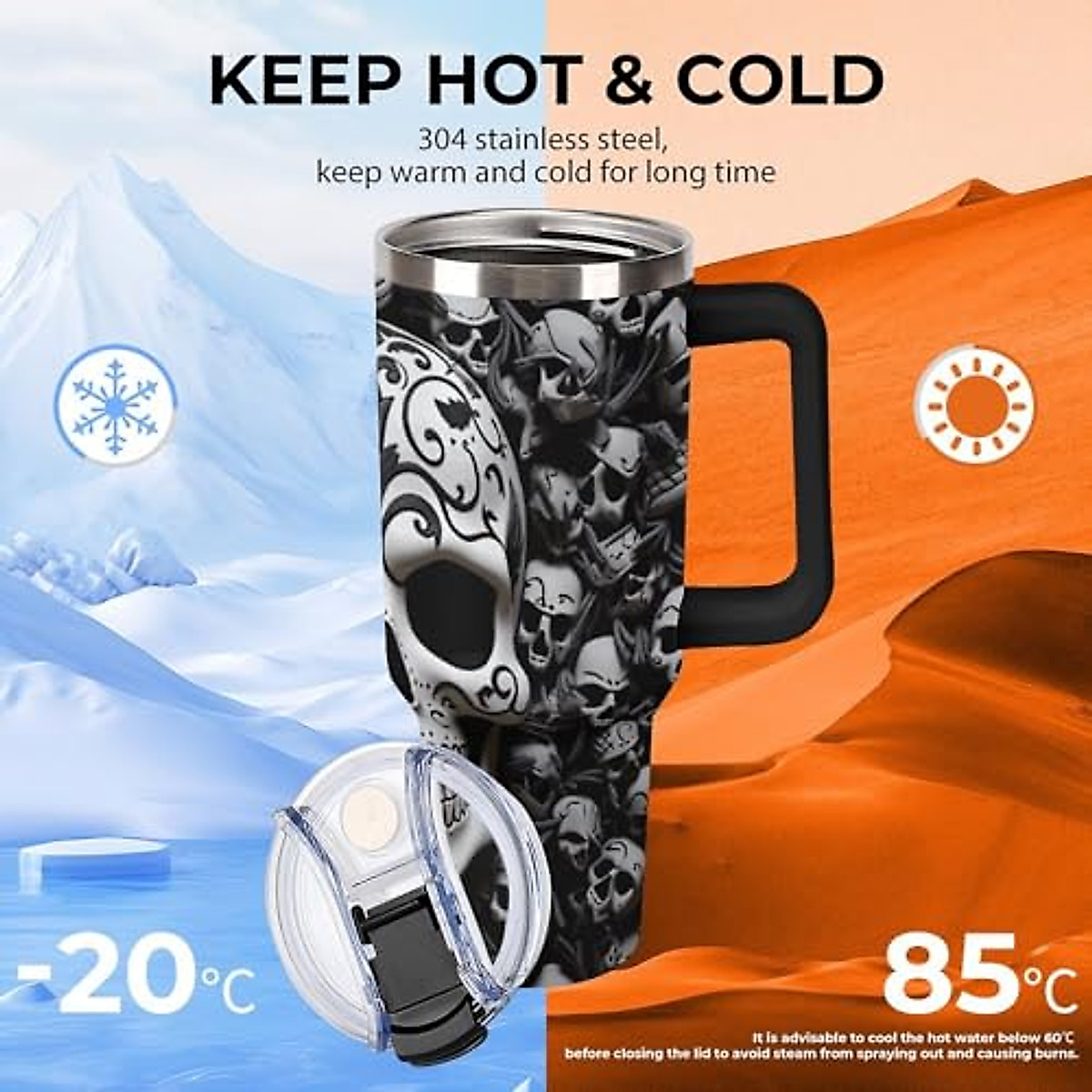 FZQVSGW Black And White Skulls 40 Oz Tumbler with Handle And Straw Stainless Steel Vacuum Insulated Tumblers Reusable Keep Drinks Cold Coffee Cup Holder Friendly Gifts for Women Men Car Gym Travel