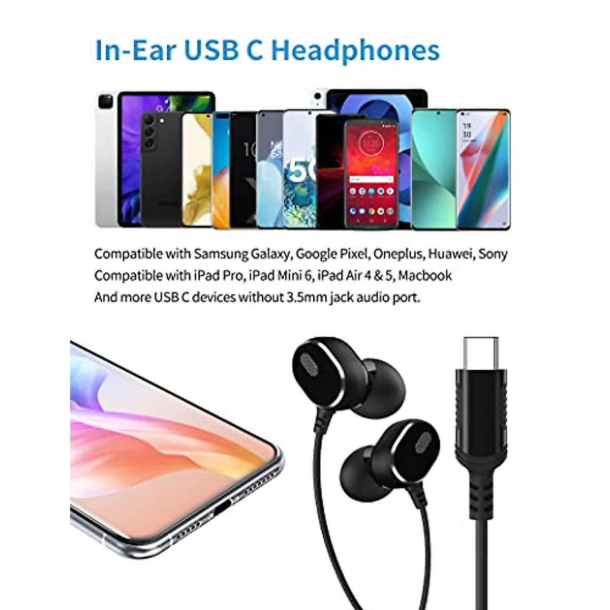 USB C Headphones Wired Earphones HiFi Stereo Type C Earbuds Noise Canceling in-Ear Headset with Mic Volume Control Bass for Samsung S23 S22 Ultra S21 FE S20 A53 Fold4 Pixel 7 6 6a 5 iPad Pro MacBook